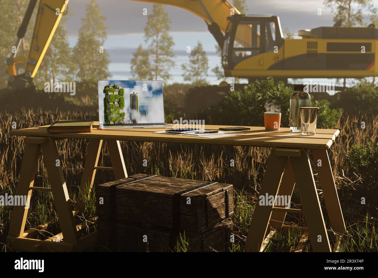 planning green buildings in a green workplace - 3D Illustration Stock ...