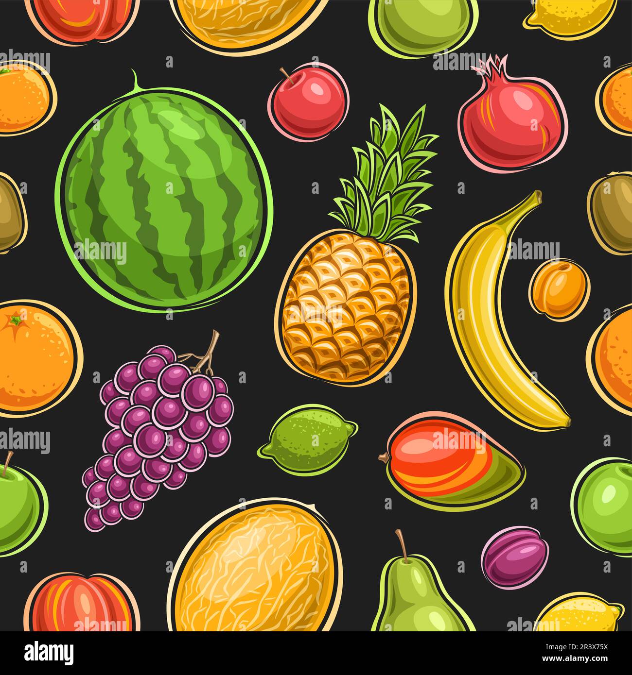 Vector Fruit Seamless Pattern, dark repeat background with cut out ...