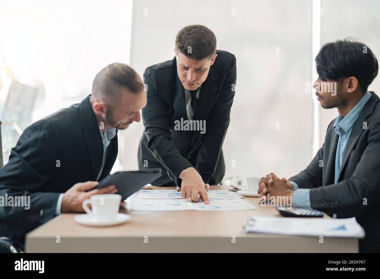 Business people, conversation and laptop data with planning and ...