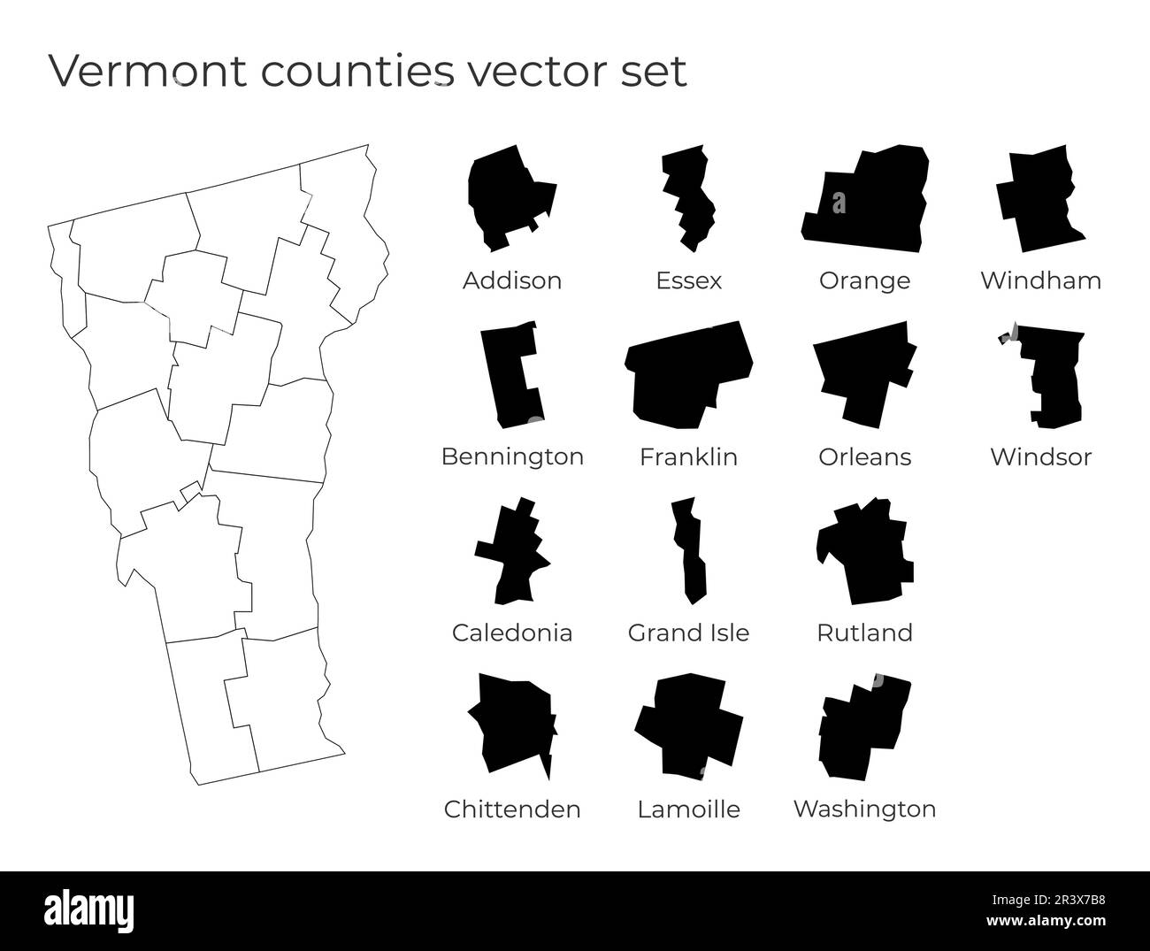 Vermont map with shapes of regions. Blank vector map of the US state with counties. Borders of ...