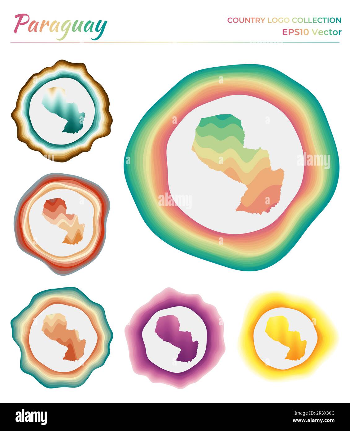 Paraguay logo collection. Colorful badge of the country. Layers around Paraguay border shape ...