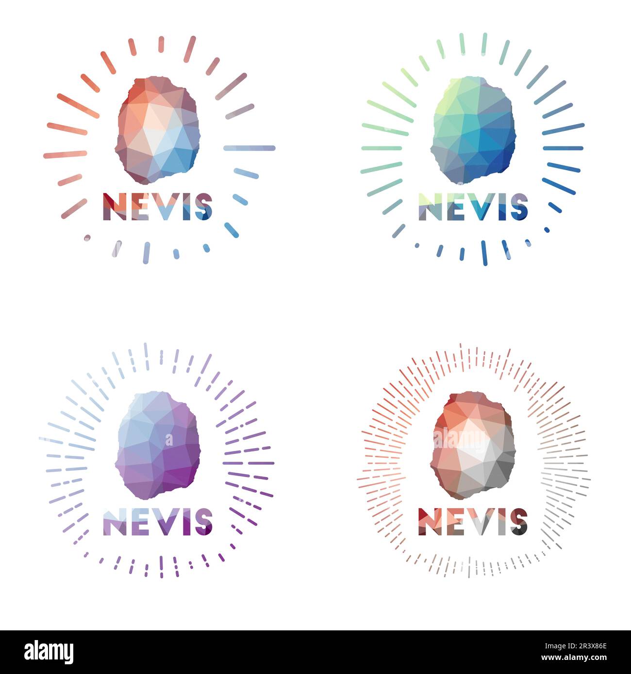 Nevis low poly sunburst set. Logo of island in geometric polygonal ...