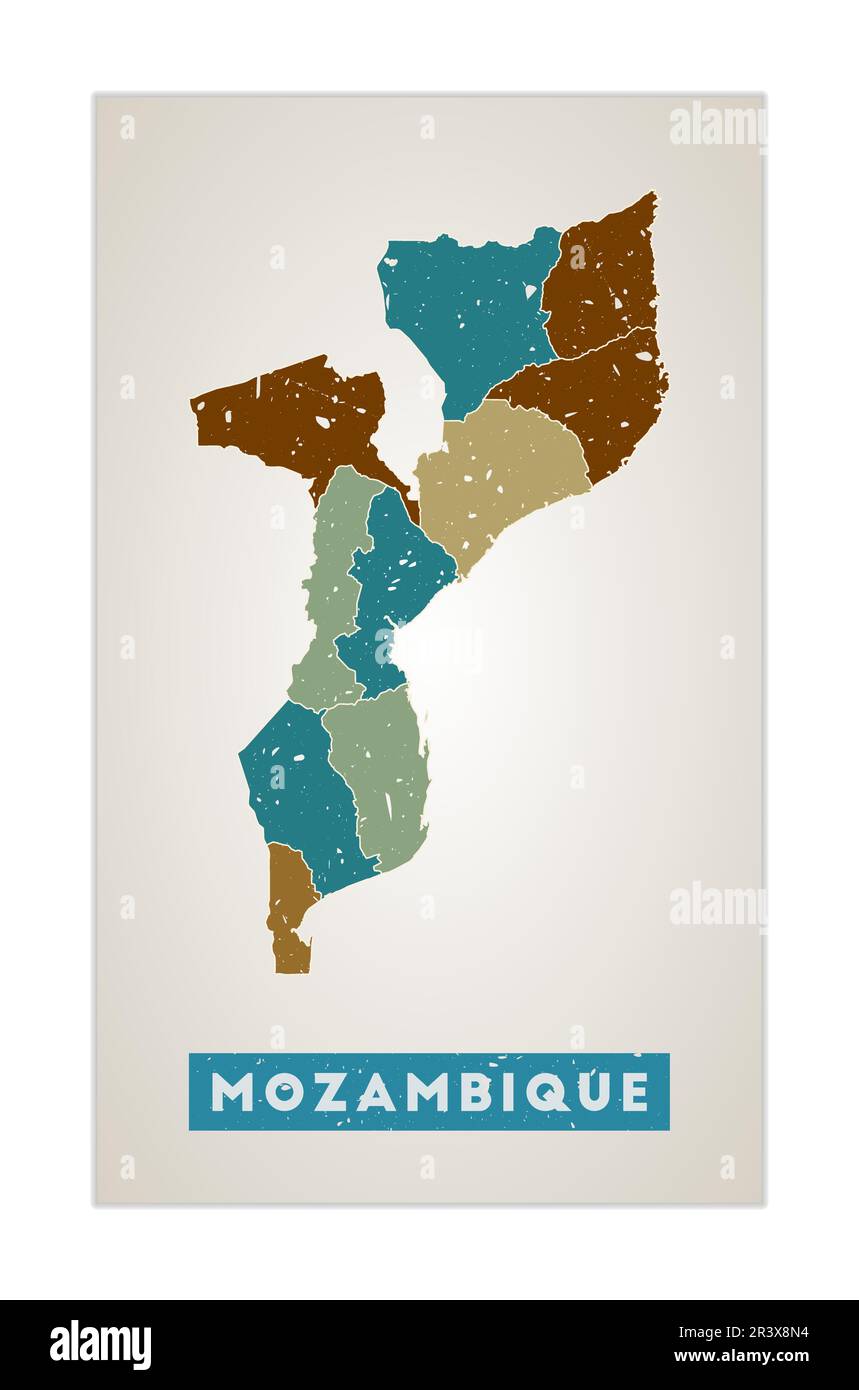 Mozambique map. Country poster with regions. Old grunge texture. Shape ...