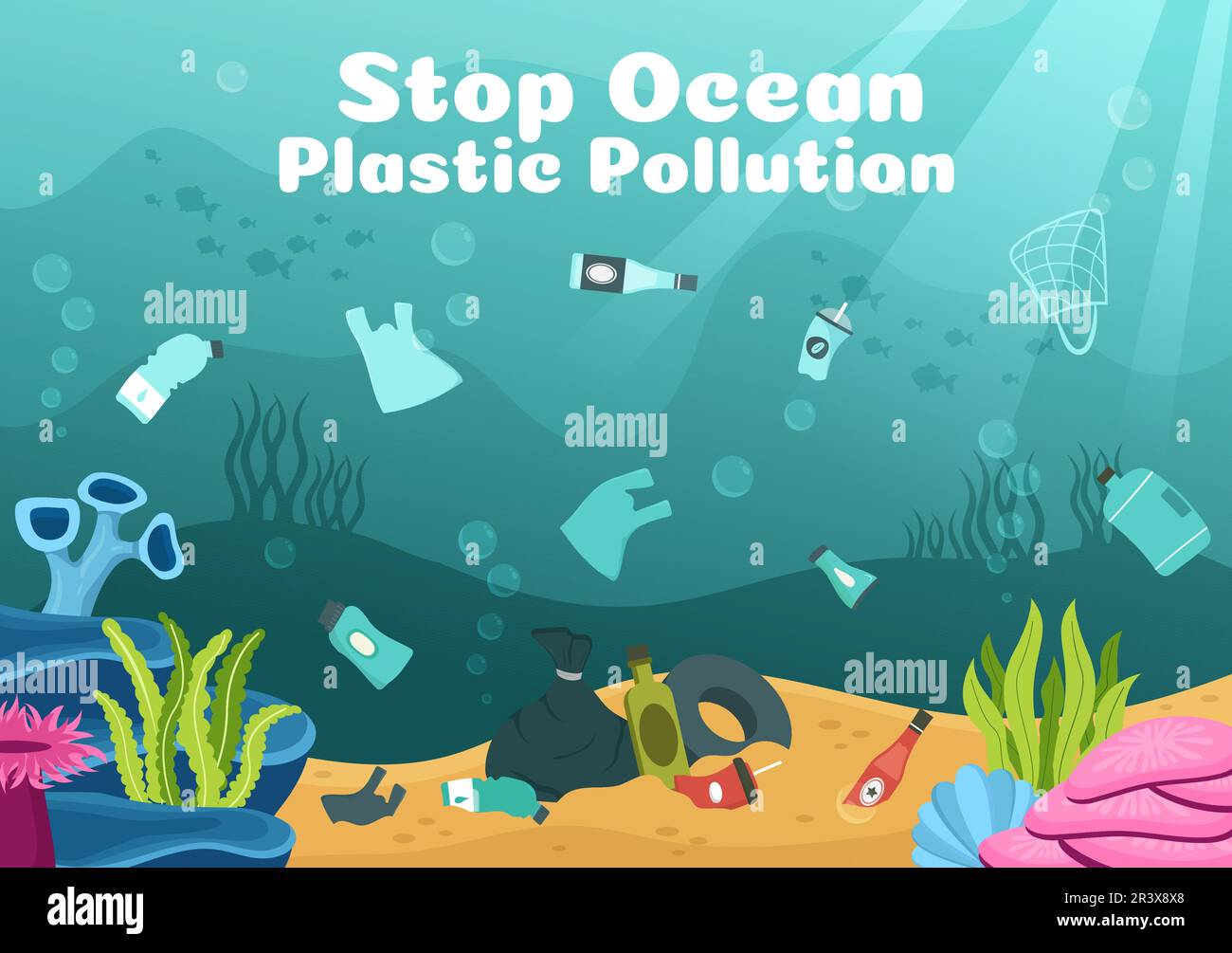 Stop Ocean Plastic Pollution Vector Illustration With Trash Under The