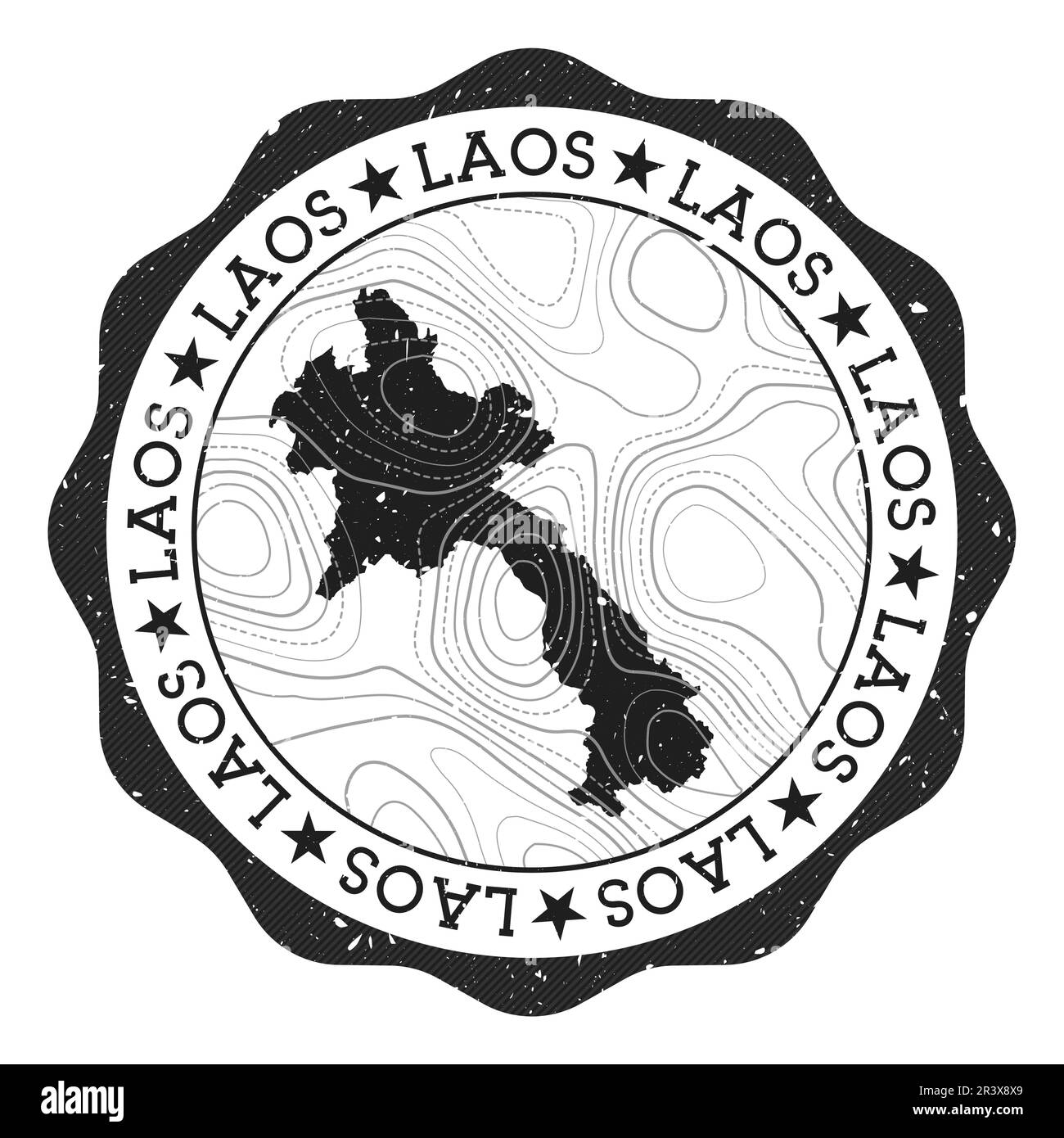 Laos outdoor stamp. Round sticker with map of country with topographic ...