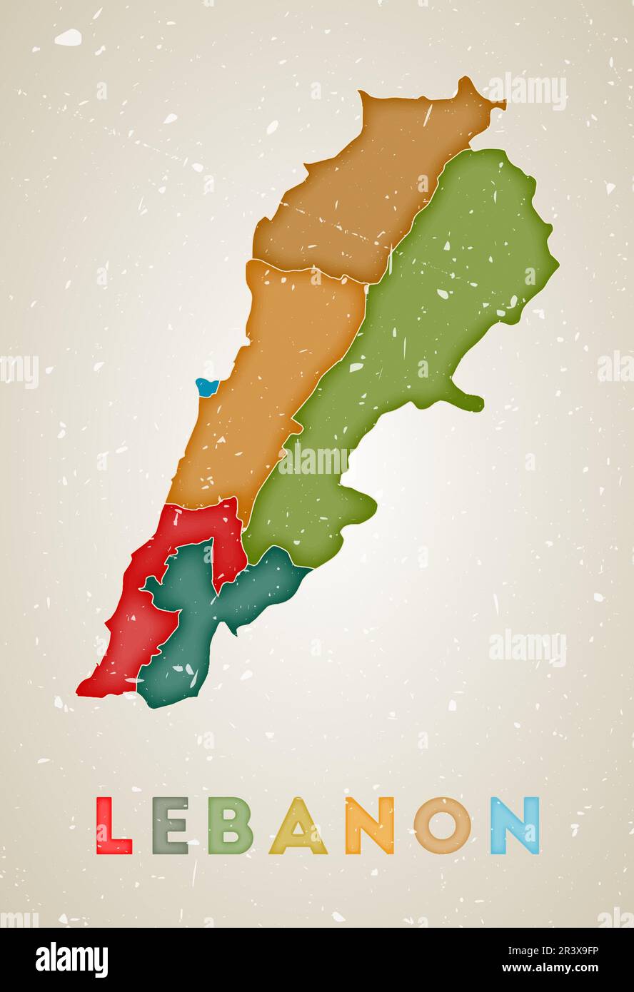Lebanon map. Country poster with colored regions. Old grunge texture ...