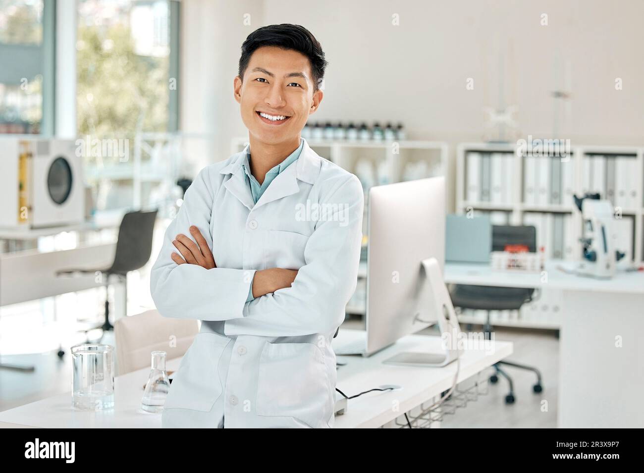 Happy, pride and portrait of a scientist with arms crossed for science ...