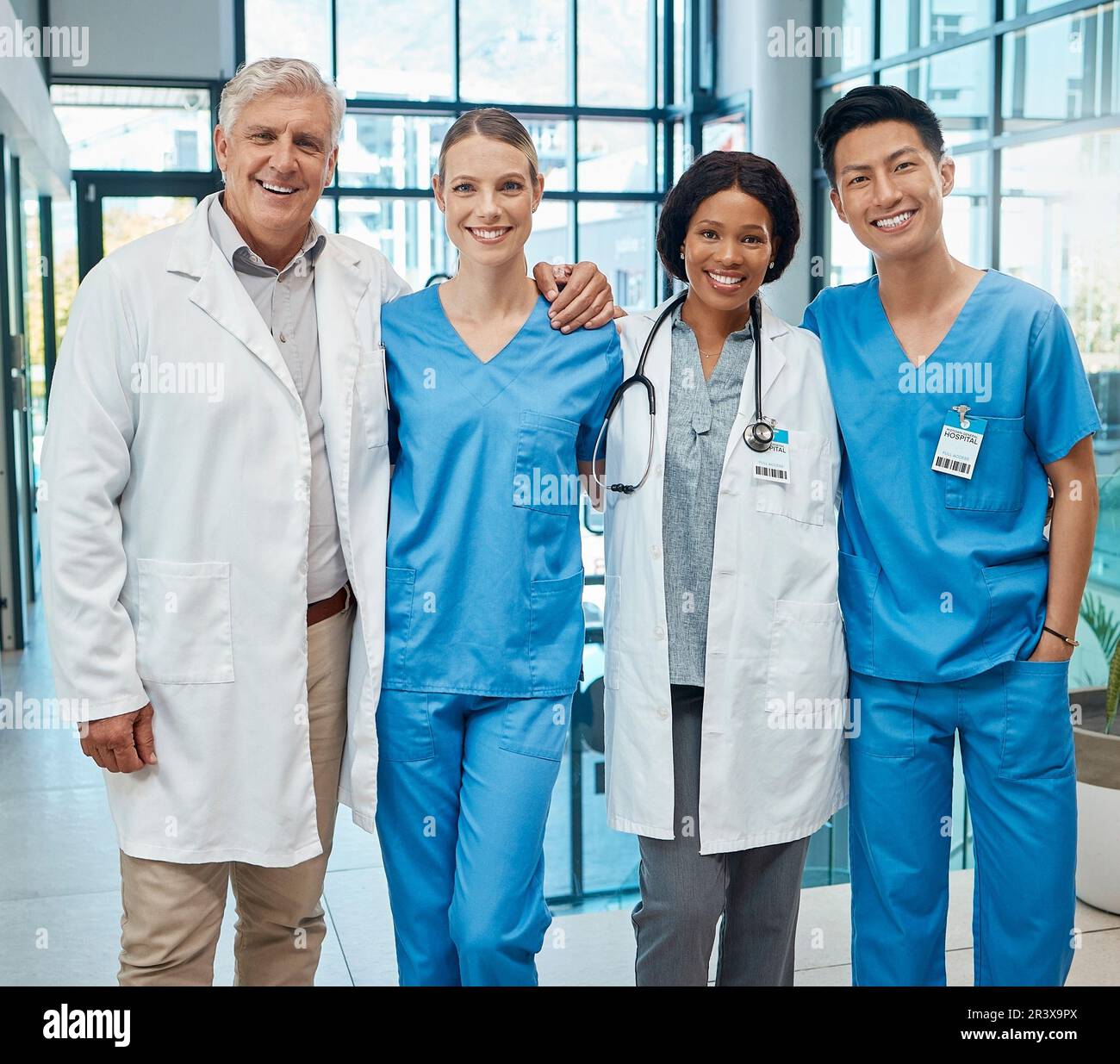 Healthcare, doctors and nurses group portrait in a hospital together ...