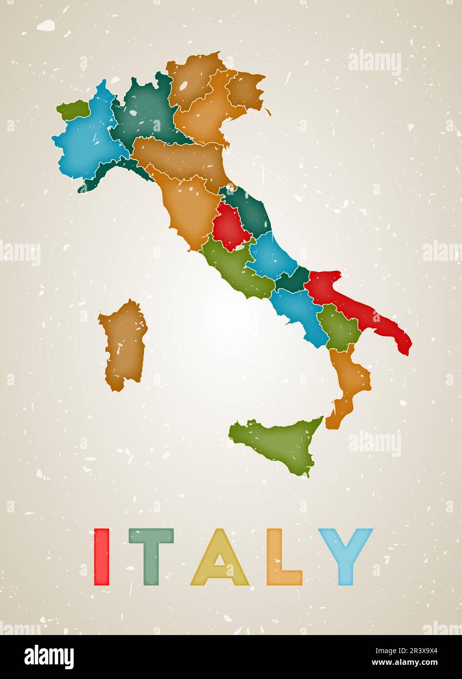Italy map. Country poster with colored regions. Old grunge texture ...