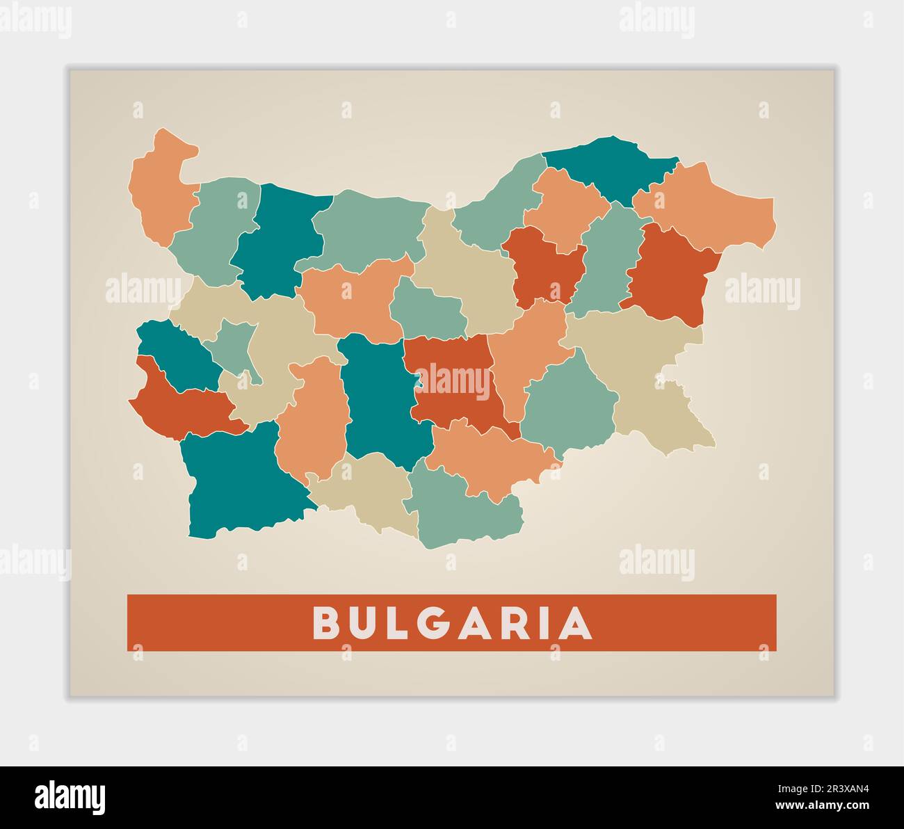 Bulgaria poster. Map of the country with colorful regions. Shape of Bulgaria with country name ...