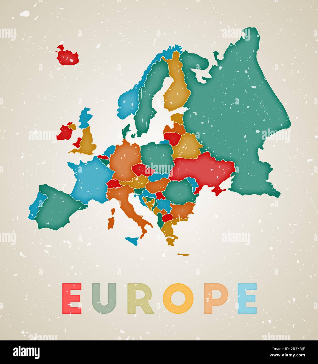Europe map. Continent poster with colored regions. Old grunge texture ...