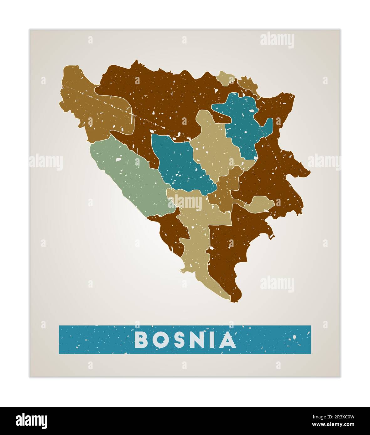 Bosnia map. Country poster with regions. Old grunge texture. Shape of ...
