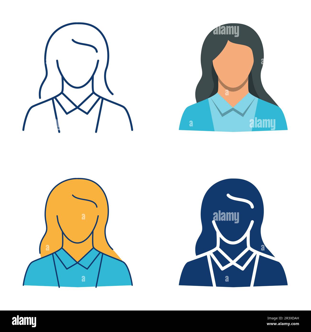 Businesswoman icon set in flat and line style. Anonymous woman in a ...