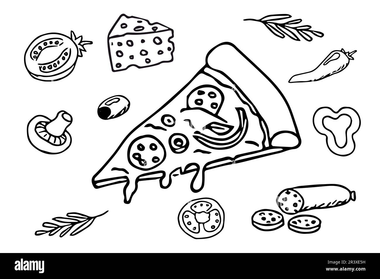 pizza set, round pizza with ingredients doodle hand drawn in cartoon ...