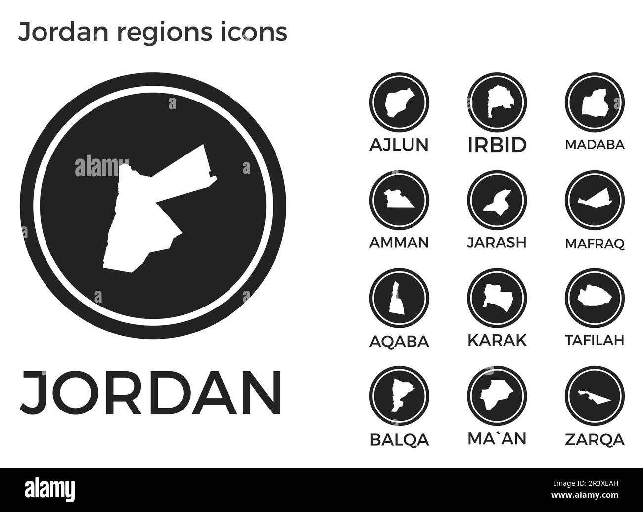 Jordan regions icons. Black round logos with country regions maps and titles. Vector ...