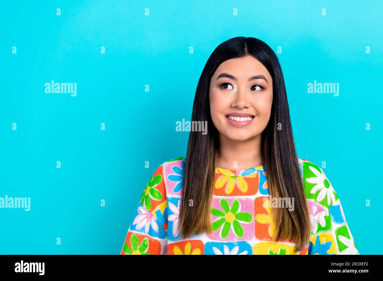Portrait of pretty cheerful person beaming smile look empty space ...