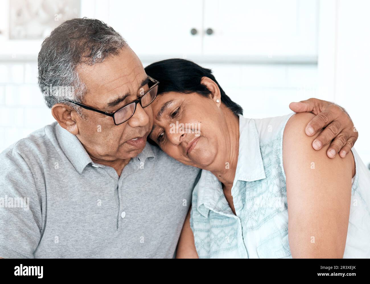 Home, hug and senior couple with comfort, sad and empathy with problems ...