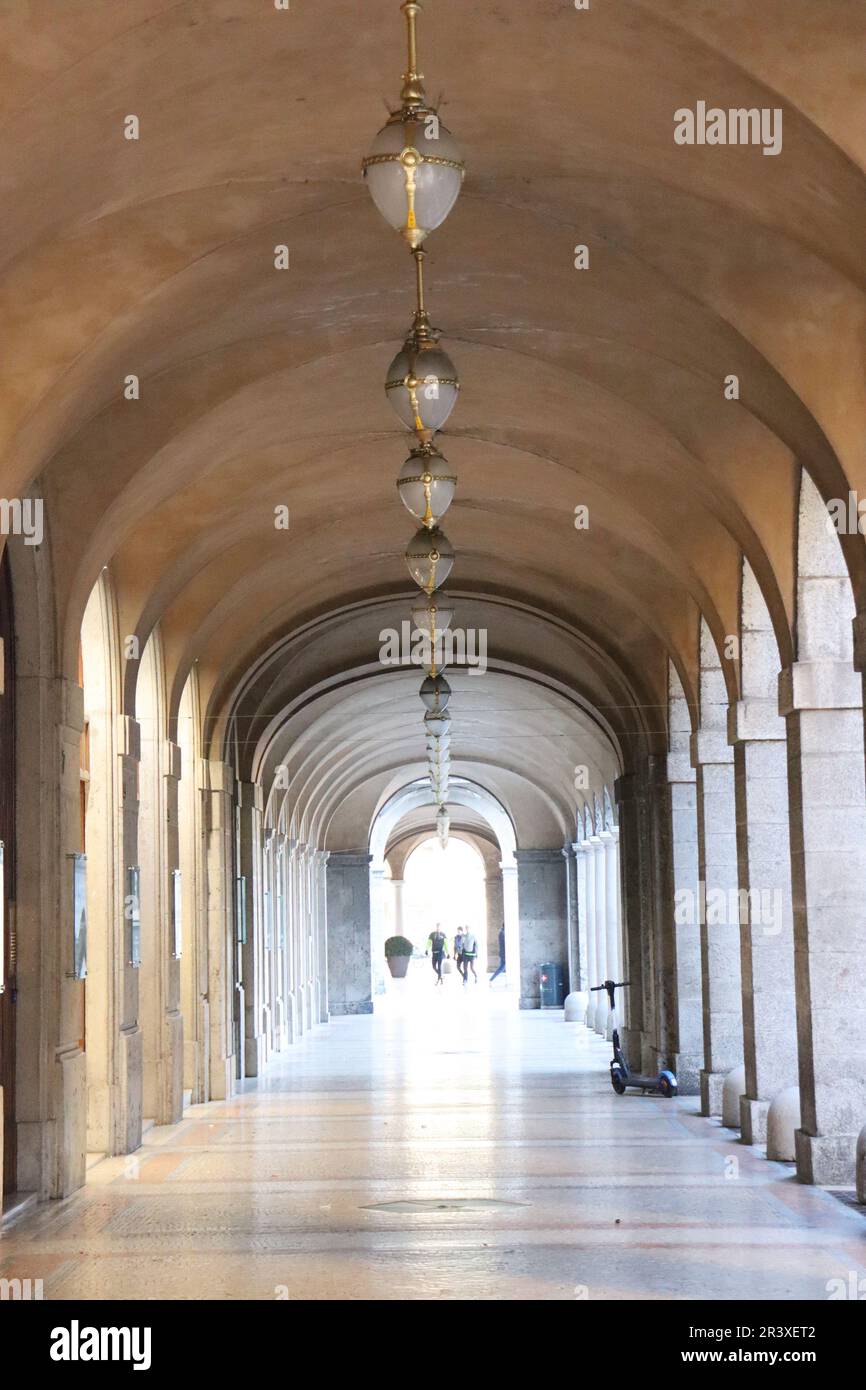 The arched yellow stone colonnade with lanterns concept photo Stock ...