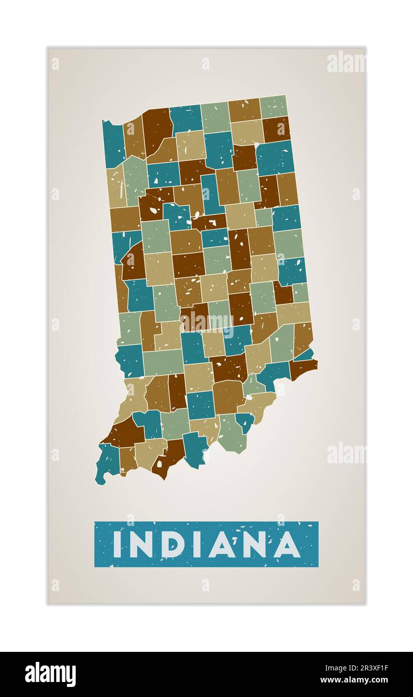 Indiana map. Us state poster with regions. Old grunge texture. Shape of ...