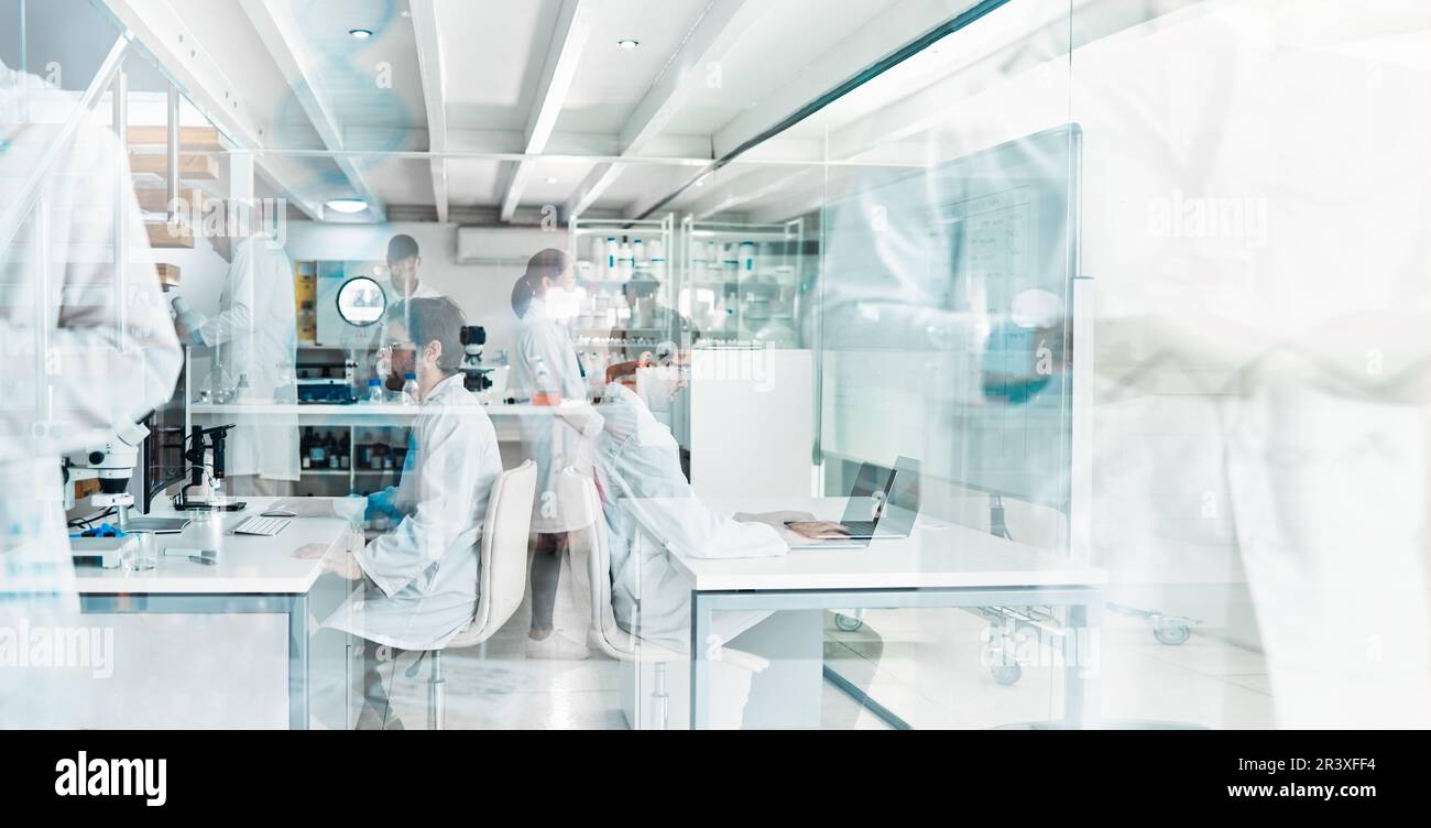 Scientist, double exposure and lab worker with medical research ...