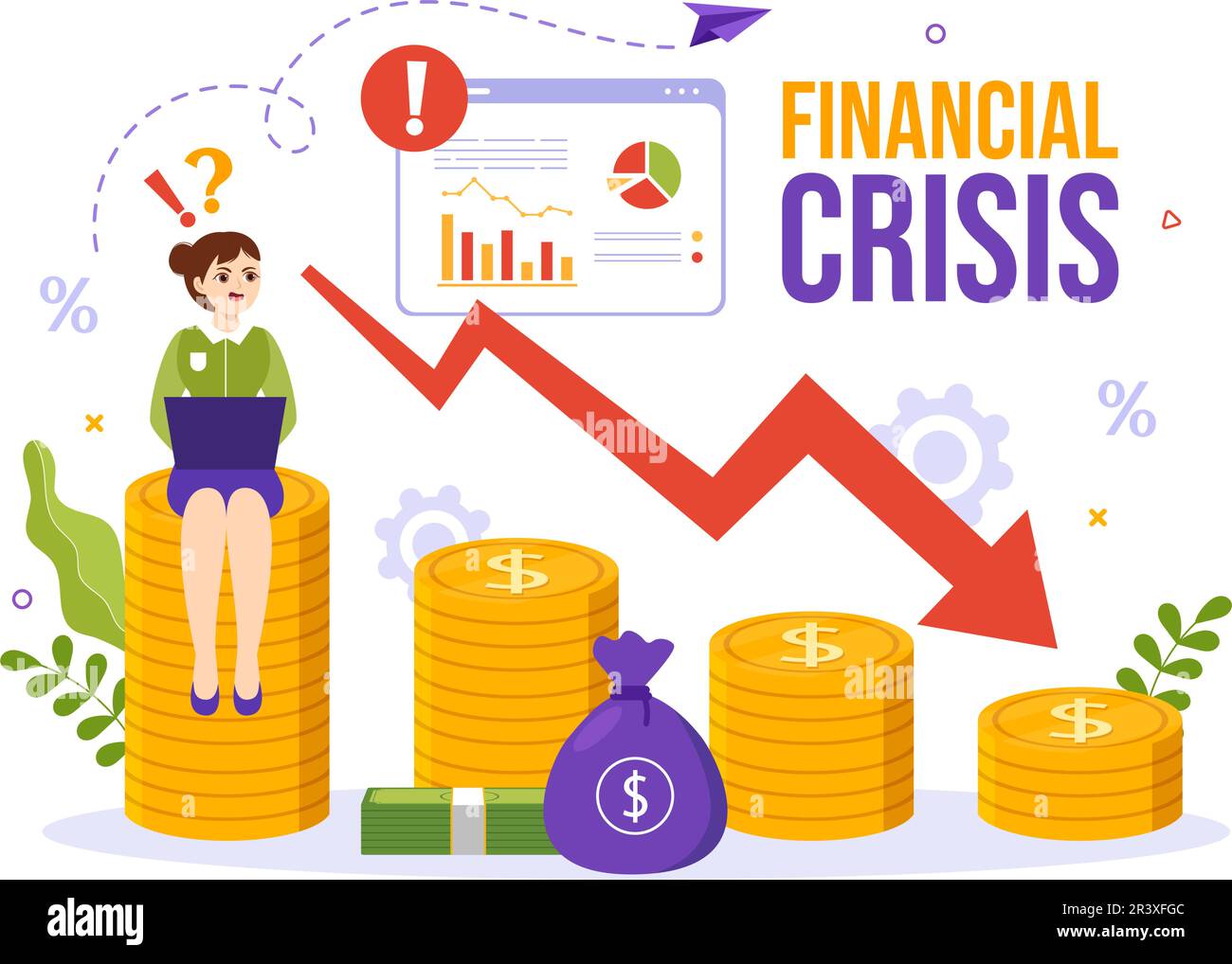 Financial Crisis Vector Illustration with Bankruptcy, Collapse of the ...