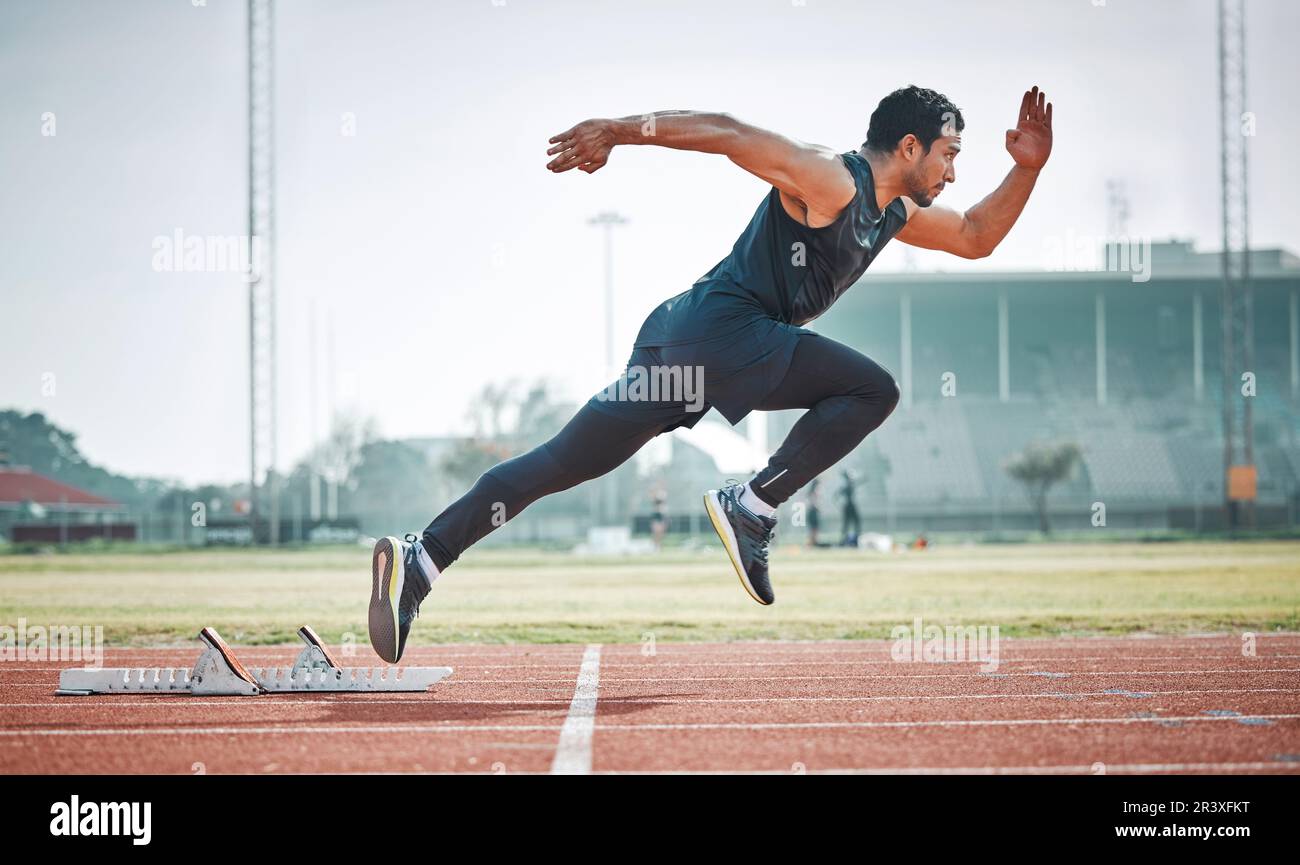 Stadium, man running and athlete on a runner and arena track for sprint ...