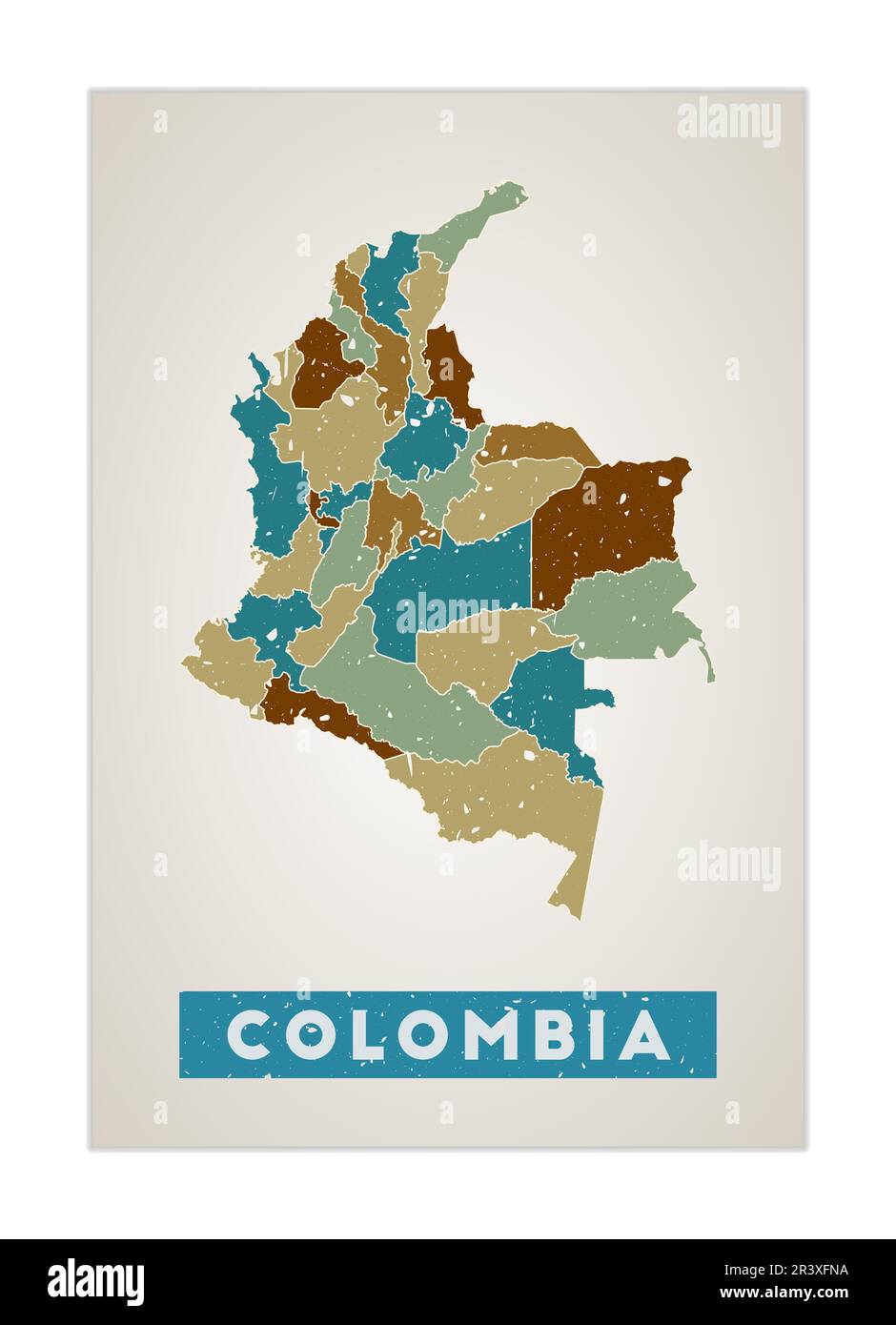 Colombia map. Country poster with regions. Old grunge texture. Shape of ...