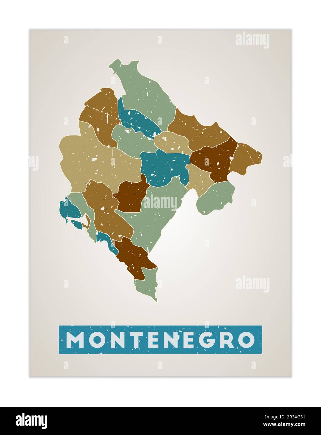 Montenegro map. Country poster with regions. Old grunge texture. Shape of Montenegro with ...