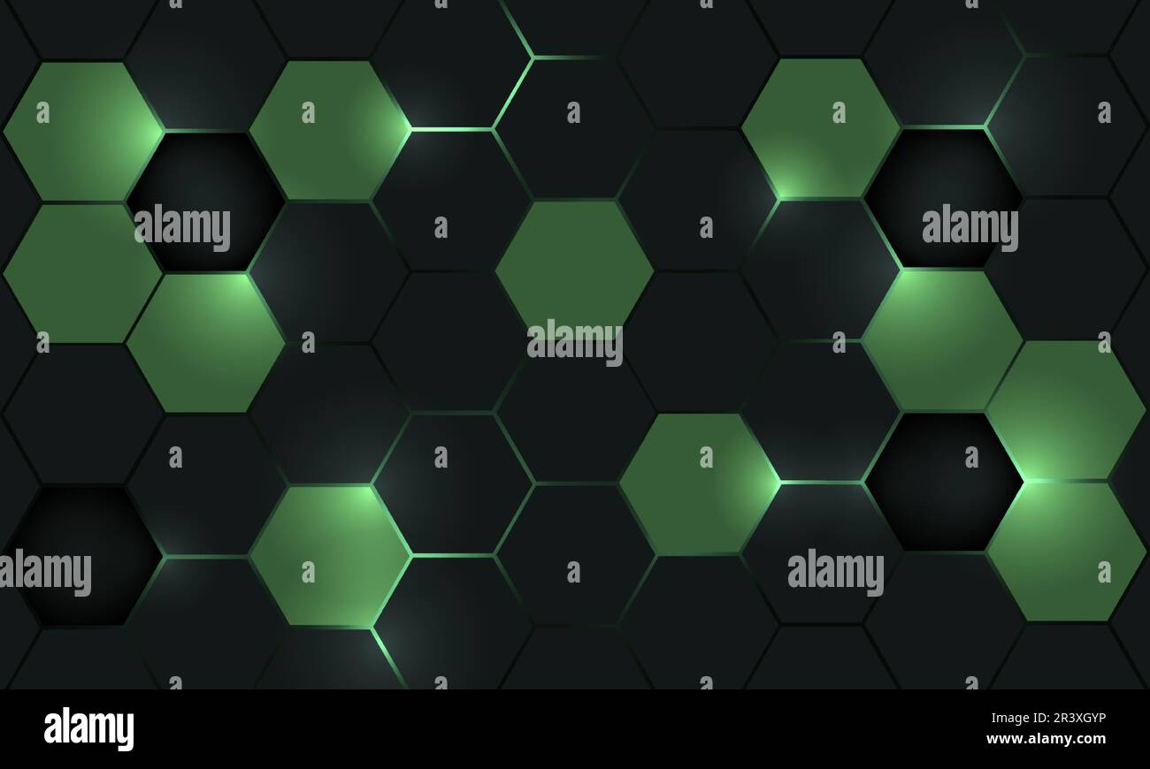 Dark green hexagon abstract technology vector background with light green colored bright flashes ...
