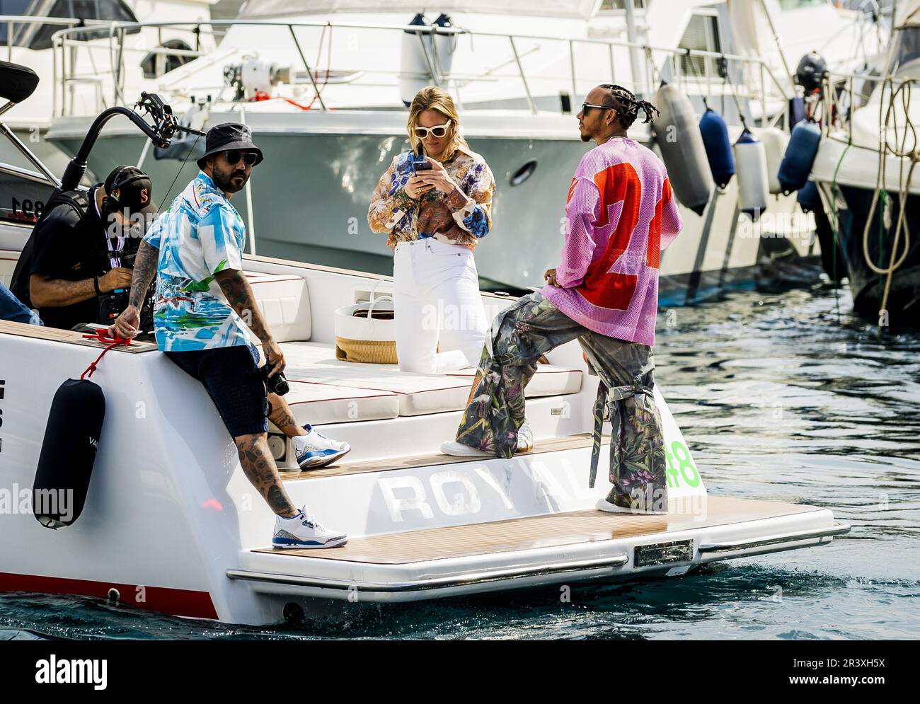 Monaco. May 25, 2023. Lewis Hamilton (Mercedes) arrives by boat in the ...