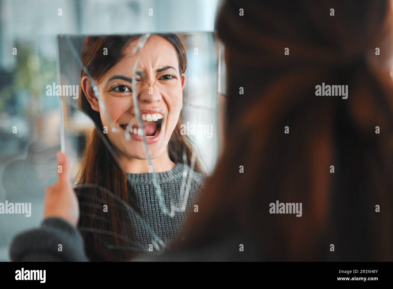 Mirror, broken and mental health with reflection of woman for bipolar ...