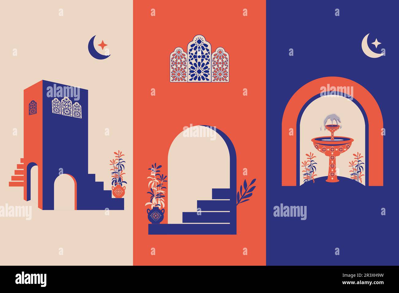 Creative minimalist abstracts. House or mosque facade with water ...