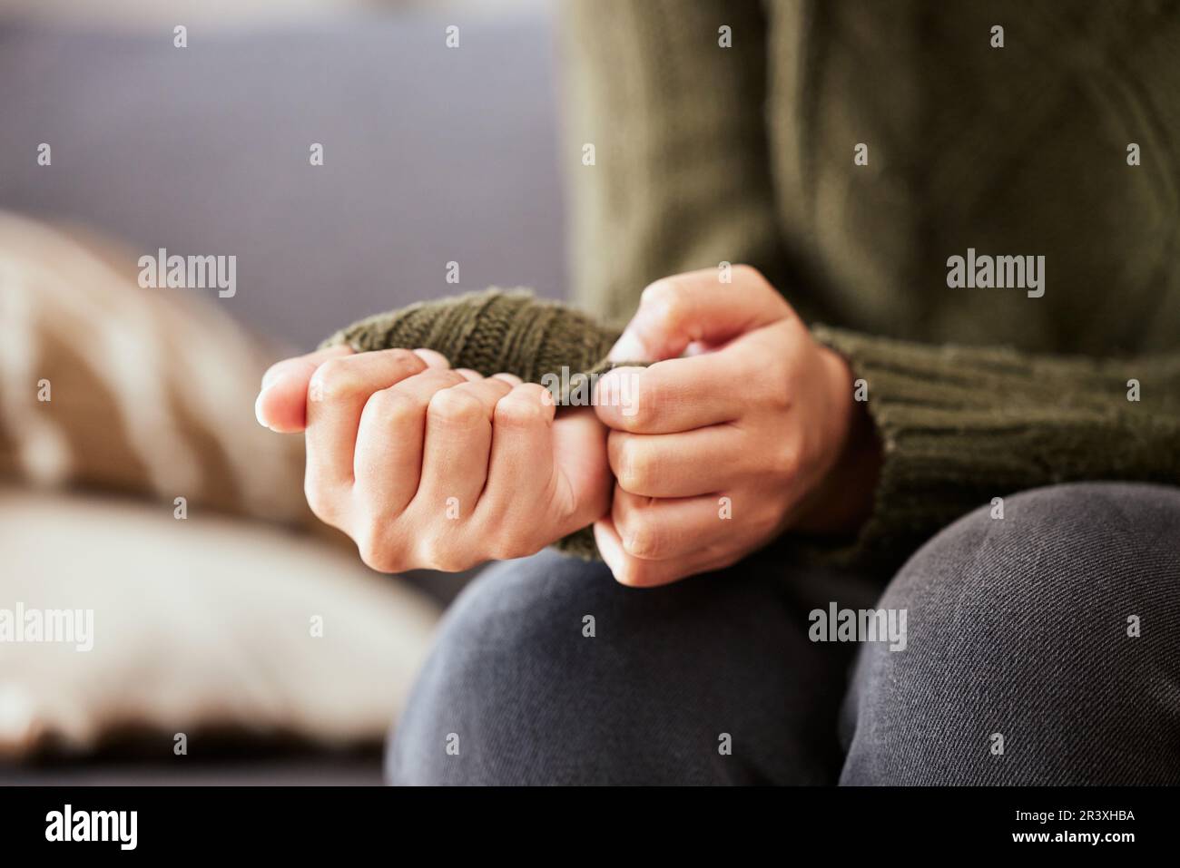 Hands, anxiety and closeup of a woman with depression, mental health ...