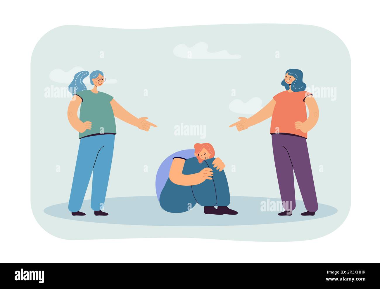 Mean cartoon girls pointing fingers at sad female character Stock ...