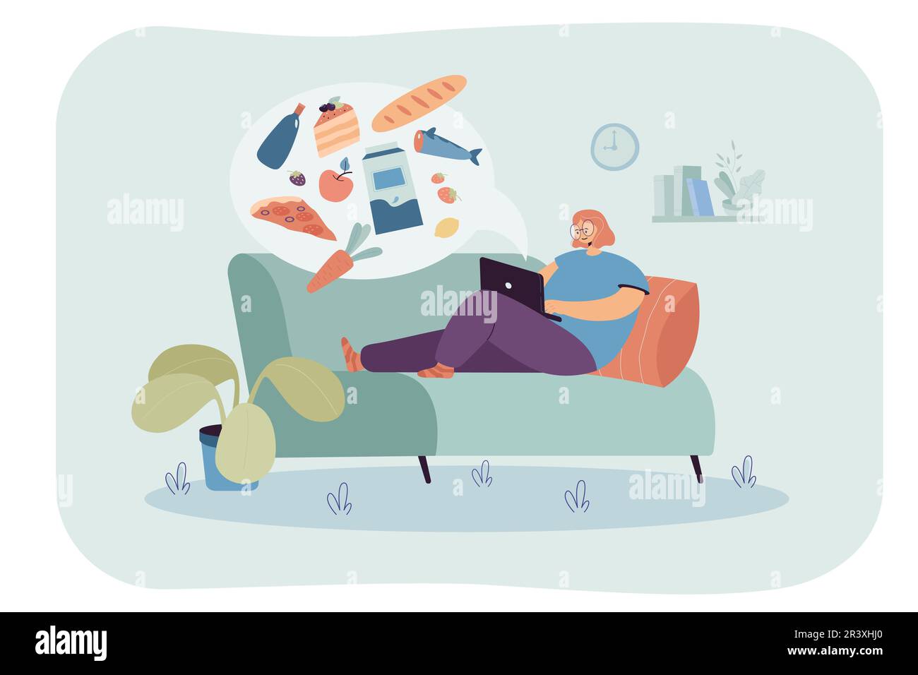 Cartoon girl ordering food from online store on laptop Stock Vector ...