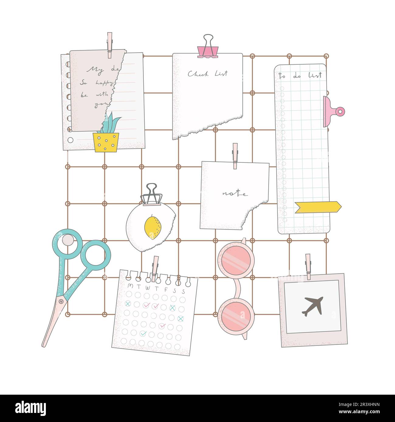 Flat vector illustration with scissors, cute paper notes, glasses, clip ...