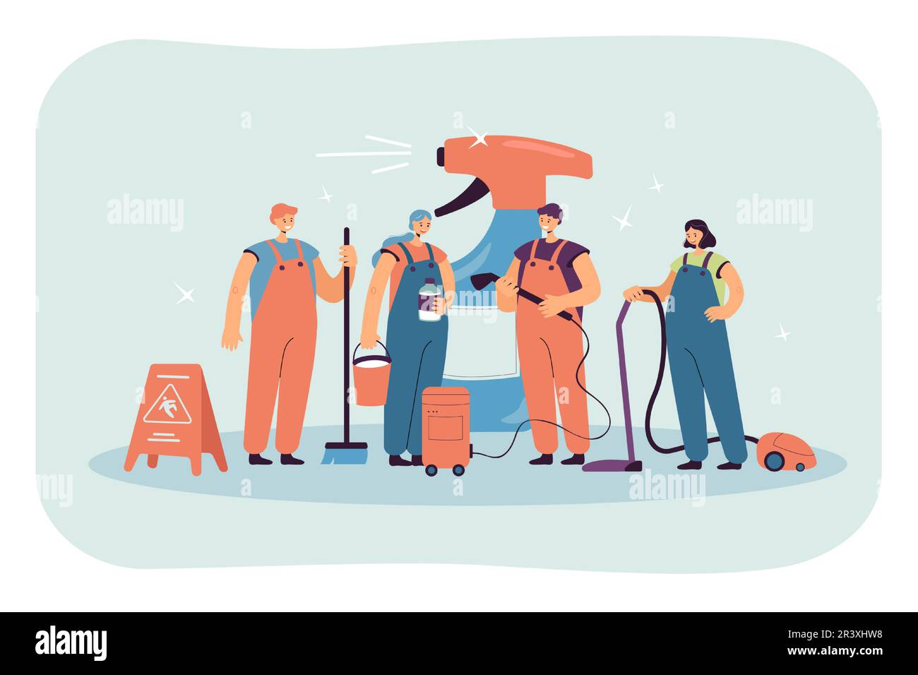 Cleaning team standing next to huge bottle of detergent Stock Vector ...