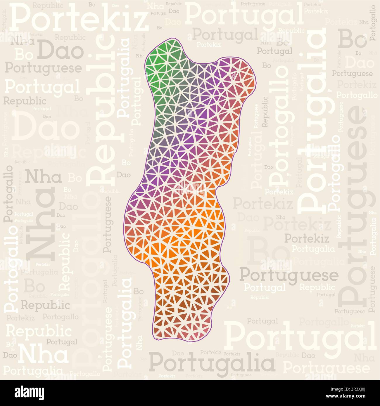 Portugal map design. Country names in different languages and map shape ...