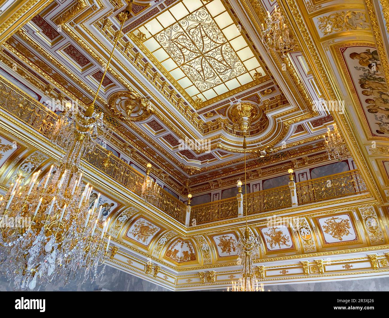 State apartment with golden ceiling and big chandeliers at the royal ...