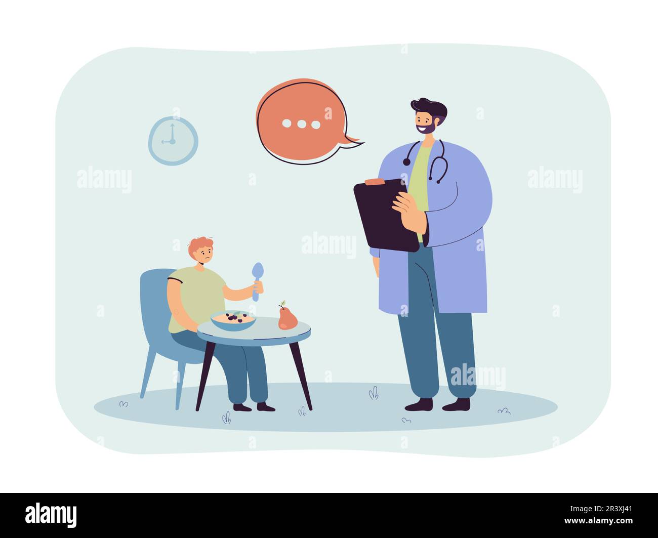 Sad cartoon boy eating healthy food as recommended by doctor Stock ...