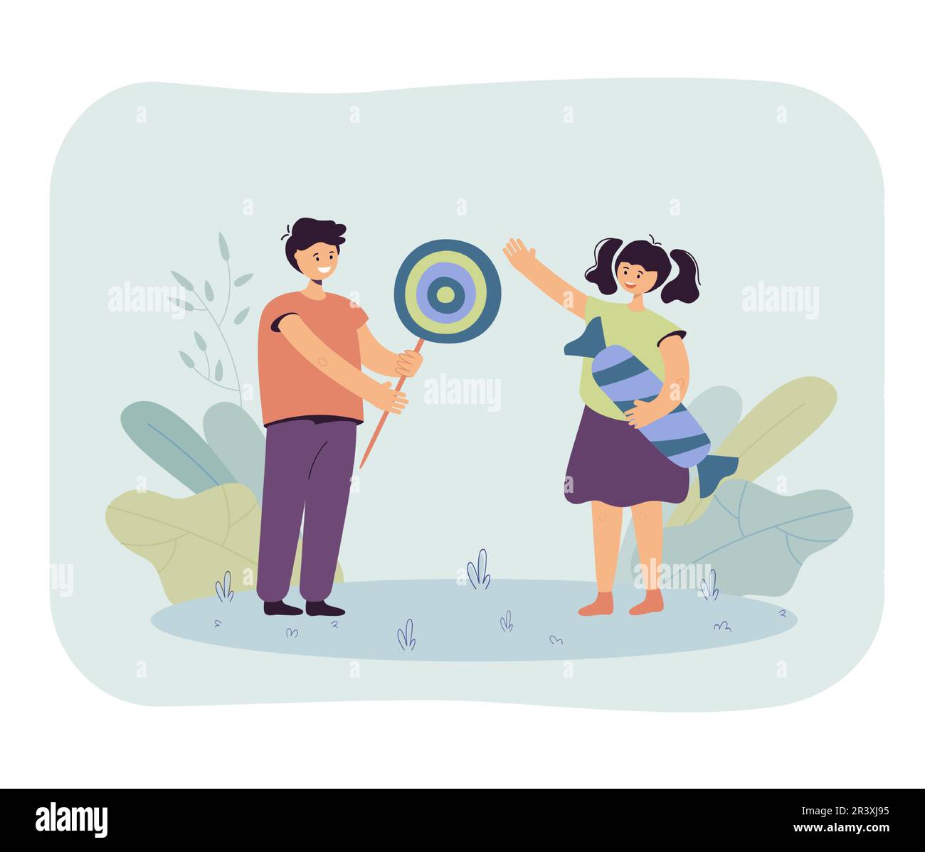 Cartoon boy giving huge lollipop to girl holding candy Stock Vector ...