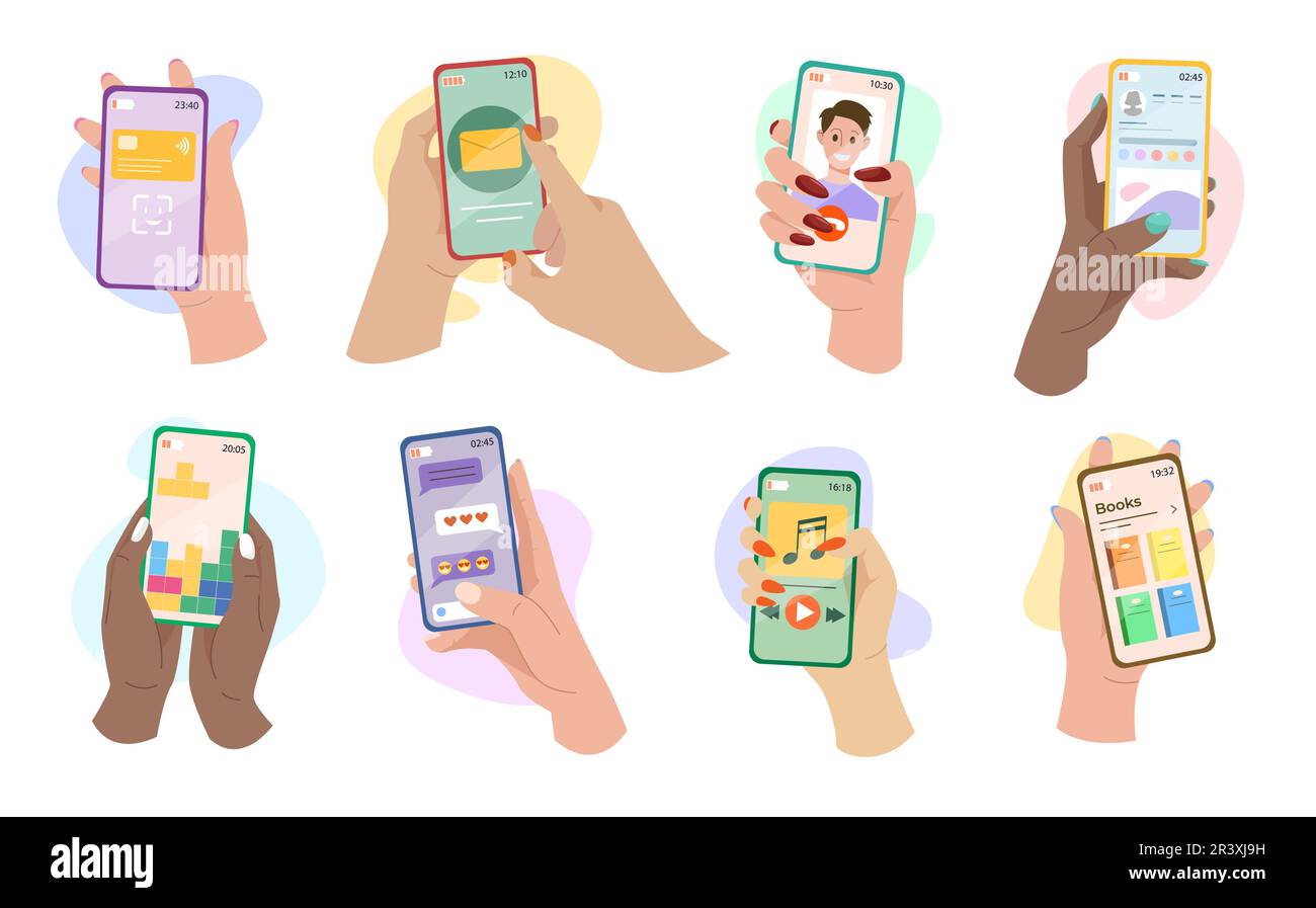Hands holding phones with mobile apps vector illustrations set Stock ...