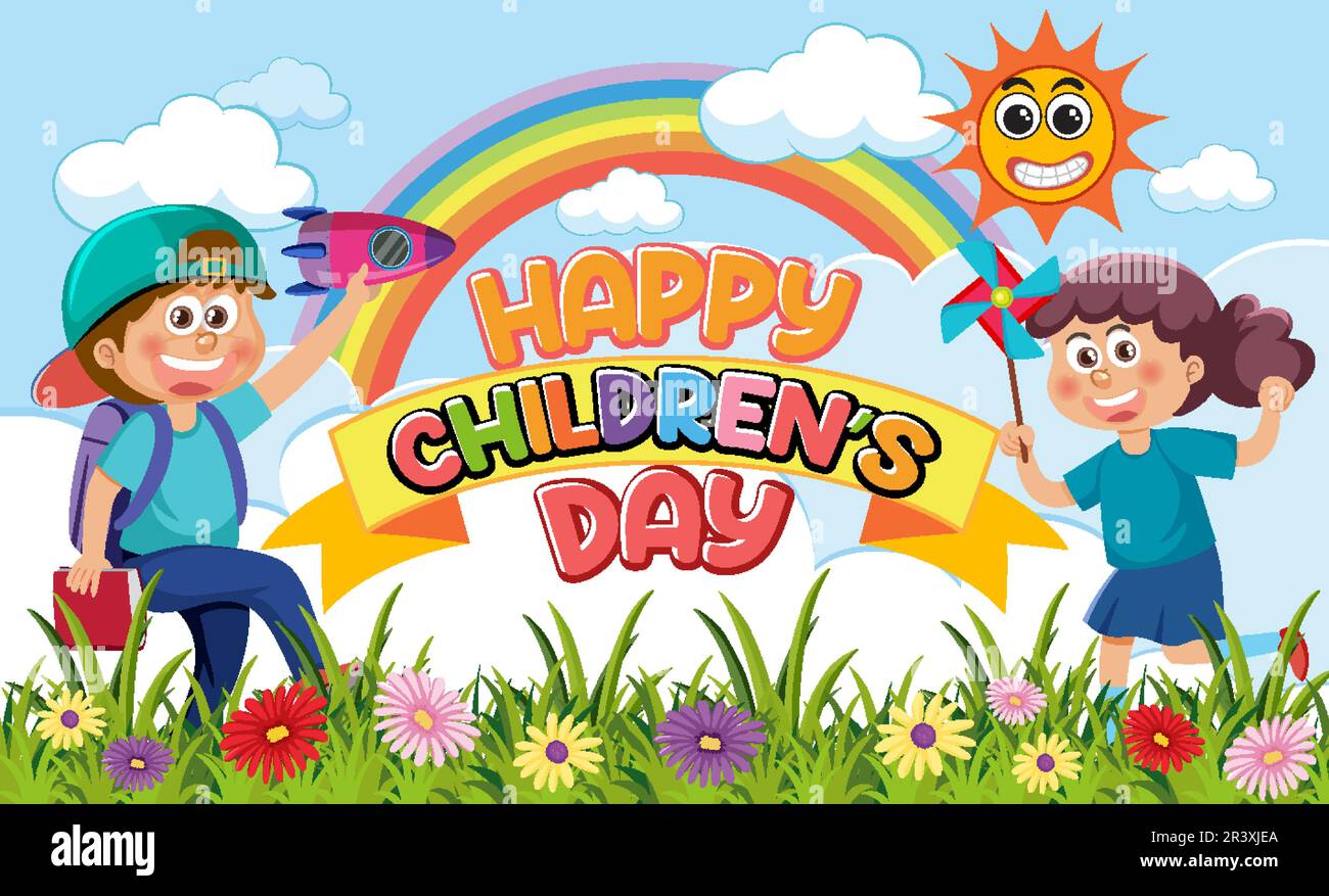 Happy children's day with children playing outdoor scene illustration ...