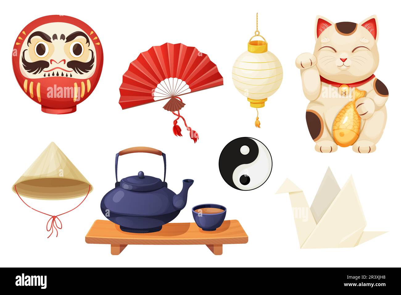 Japan set with traditional elements fun, maneki neko cat, origami crane ...