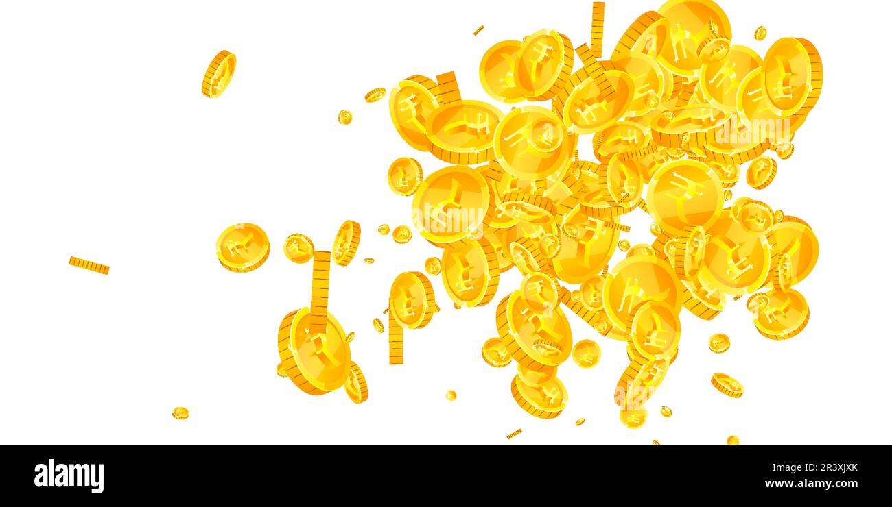 Indian rupee coins falling. Scattered gold INR coins. India money ...