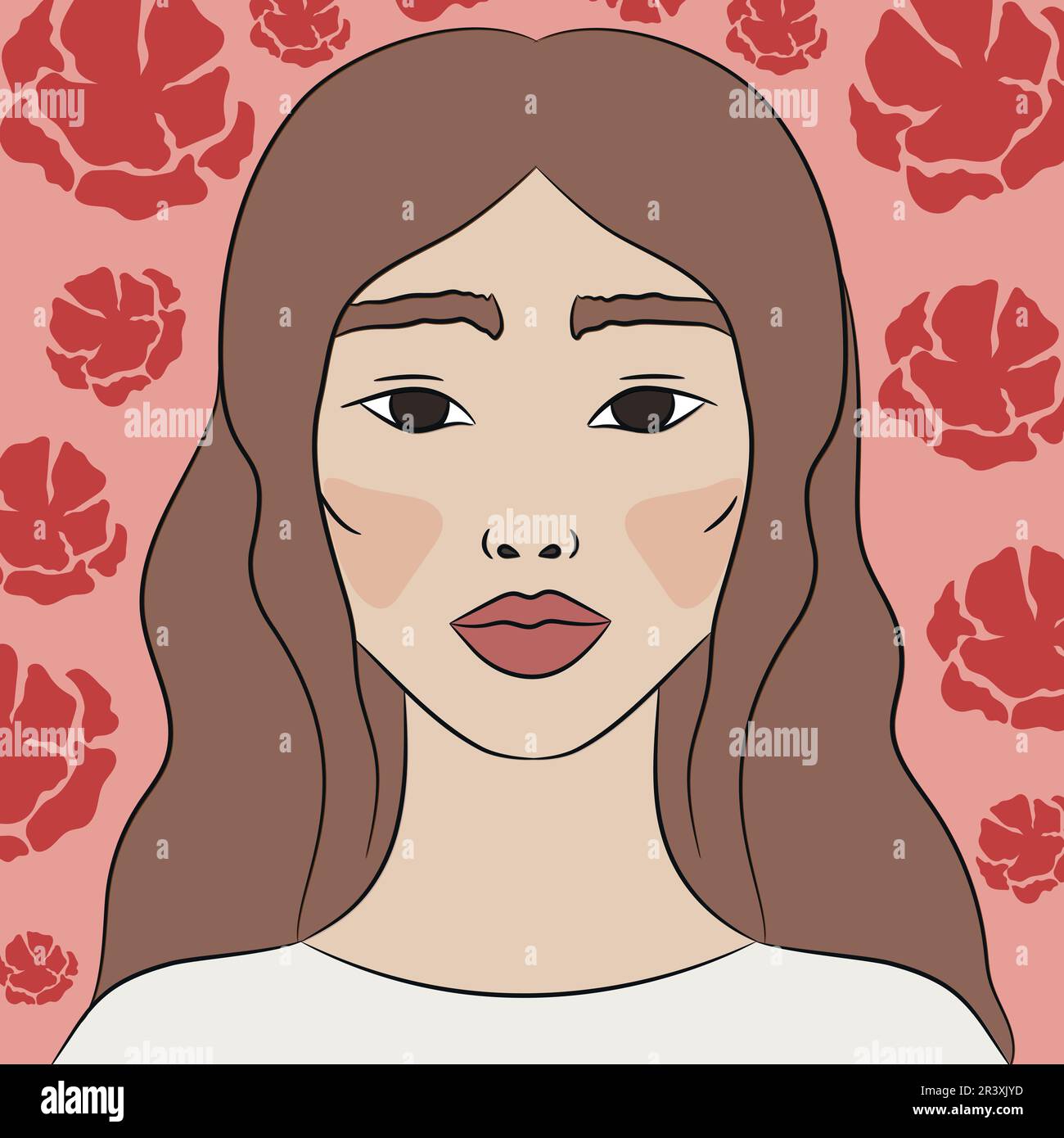 Young Asian Woman On A Floral Background Hand Drawn Vector