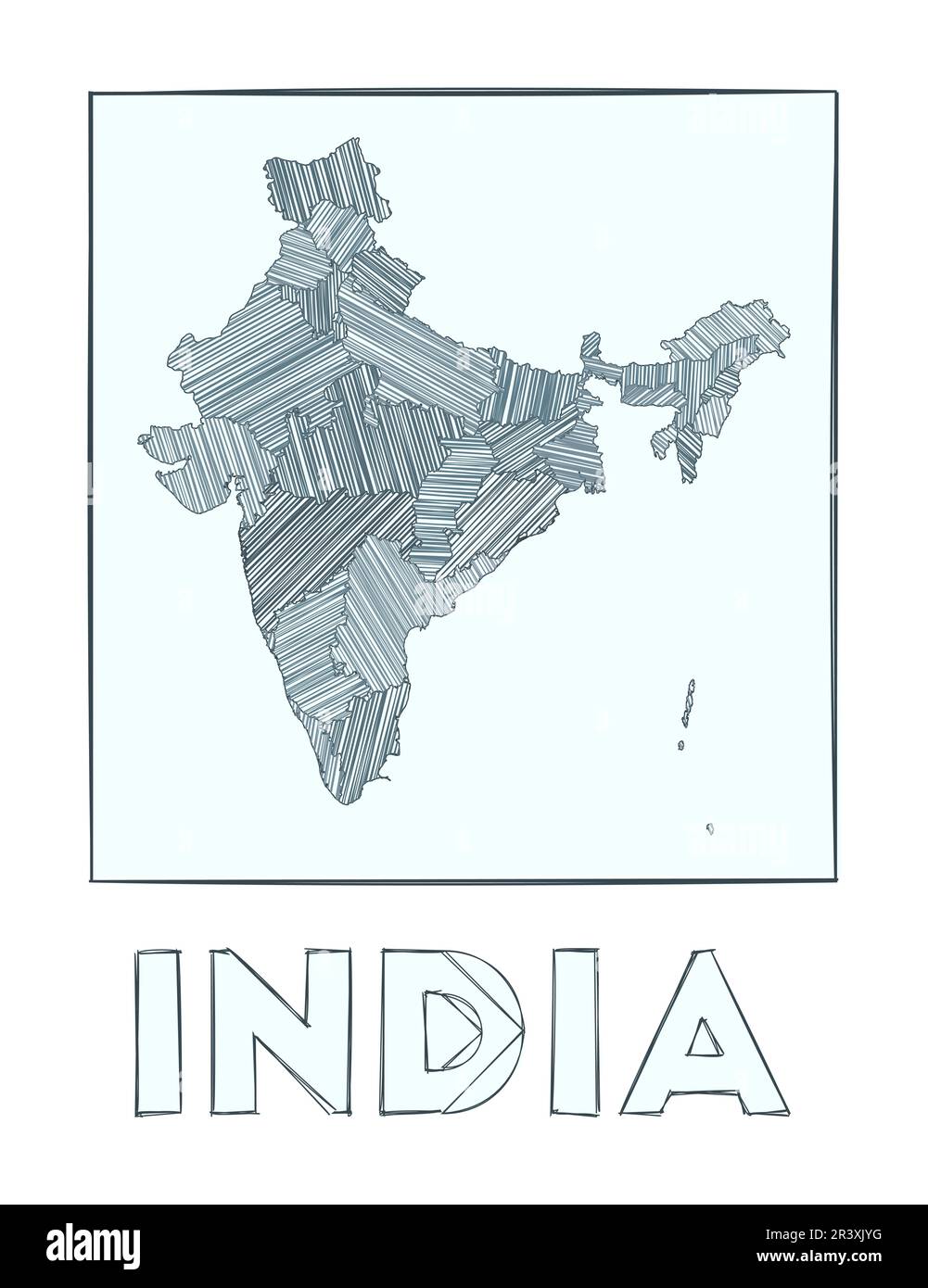 Sketch map of India. Grayscale hand-drawn map of the country. Filled ...