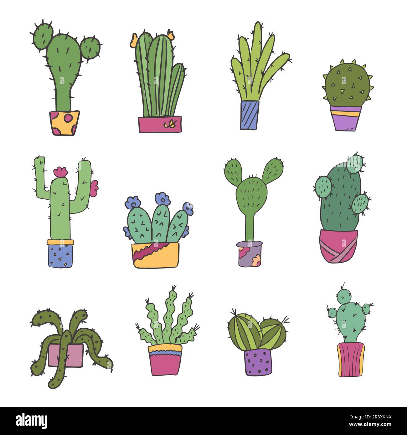 Cute set of potted cacti in doodle style illustration. For the design ...