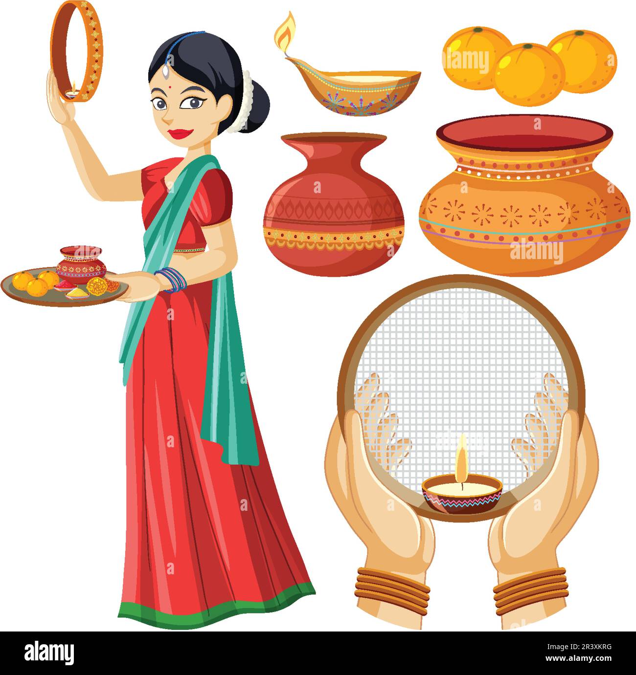 Set of Karva Chauth element cartoon illustration Stock Vector Image ...