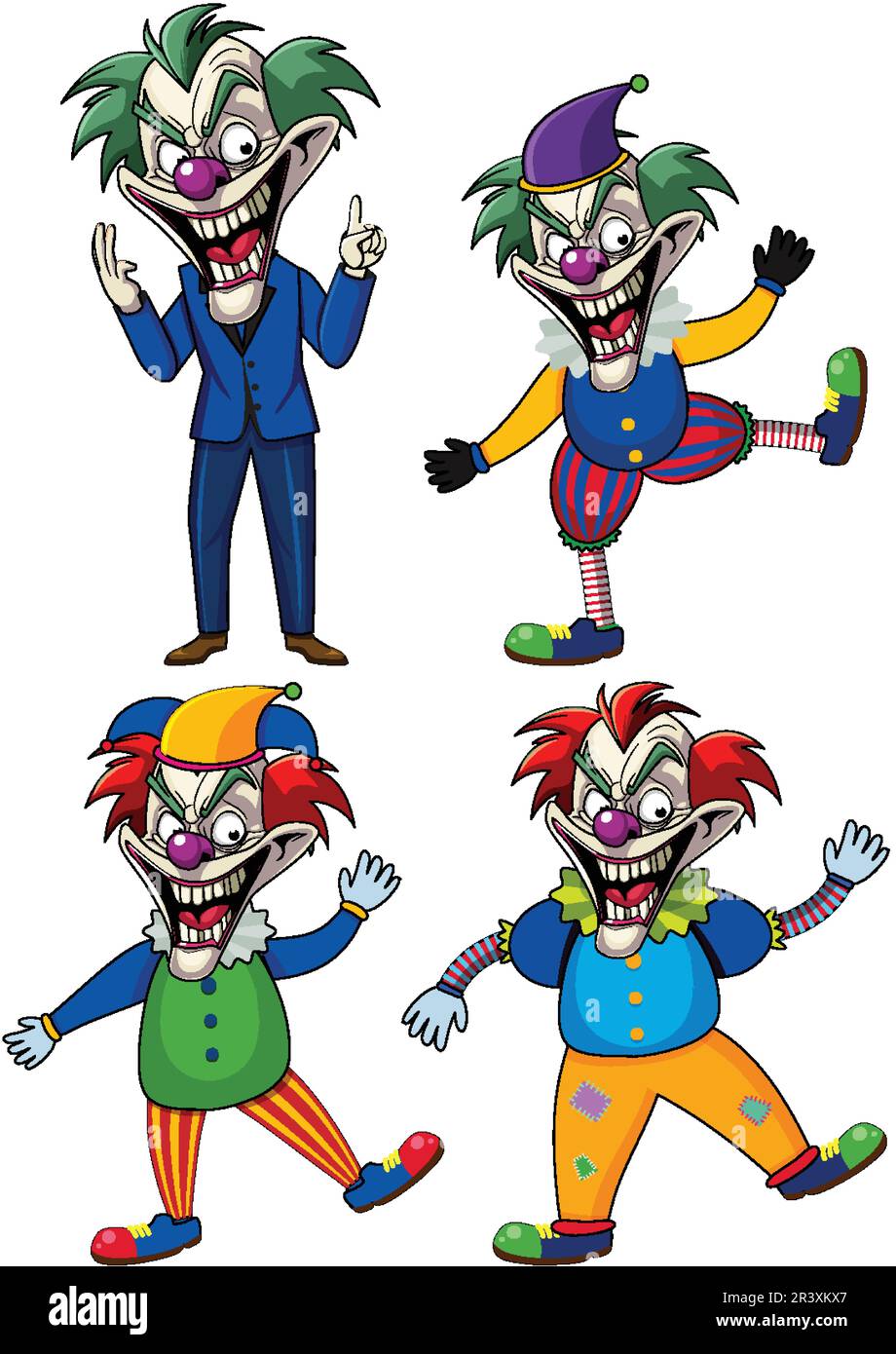 Set of creepy clown cartoon character on colourful outfit illustration ...